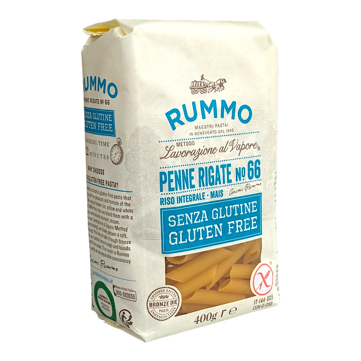 Rummo Gluten Free Penne Rigate No.66 - 400g Corn & Brown Rice Pasta ...